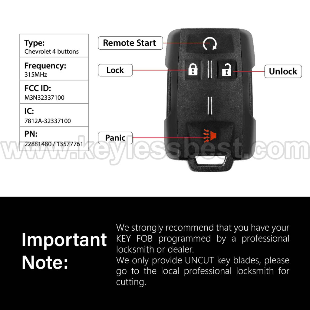 2014-2019 Chevrolet GMC Key Fob PN: 22881480 for Keylessbest ...